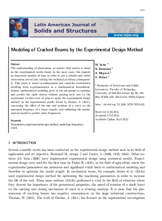 (PDF) Modeling of Cracked Beams by the Experimental Design Method | Nabil Benamara - Academia.edu