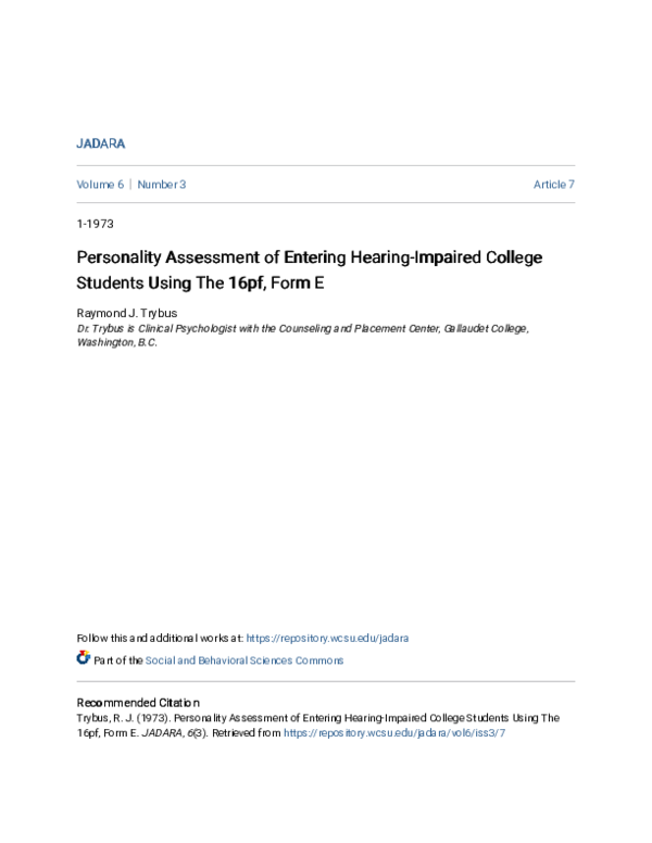 (PDF) Personality Assessment of Entering Hearing-Impaired College ...