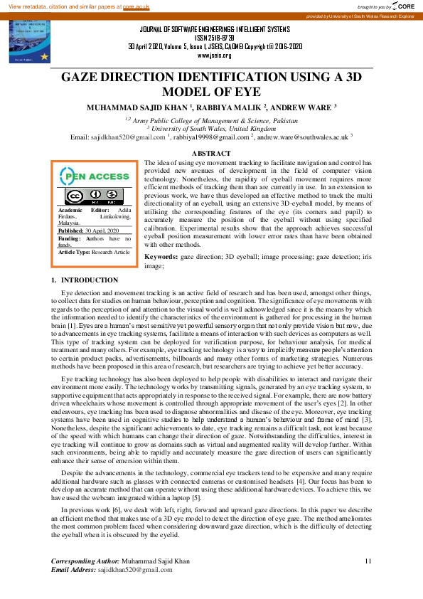 (PDF) Gaze Direction Identification Using a 3D Model of Eye