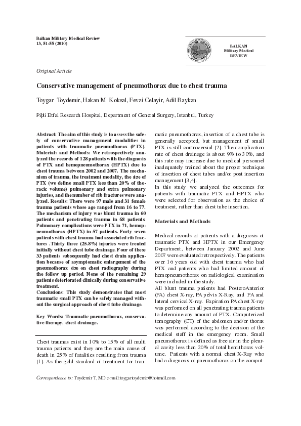 (PDF) Conservative management of pneumothorax due to chest trauma