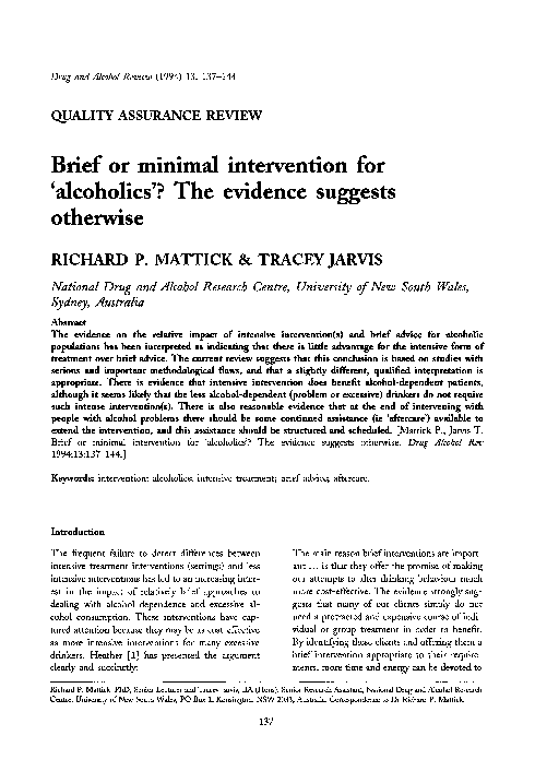 (PDF) Brief or minimal intervention for ‘alcoholics’? The evidence ...