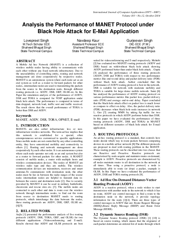 (PDF) MANET Protocol Performance Under Black Hole Attack