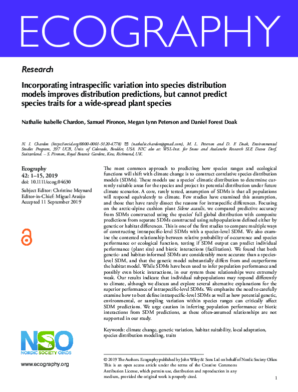 Pdf Incorporating Intraspecific Variation Into Species Distribution Models Improves Climate