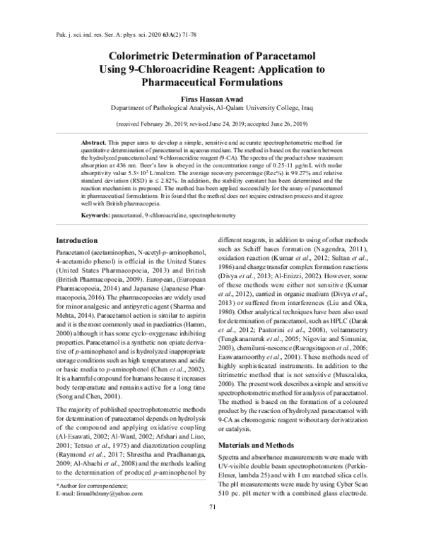 (PDF) Colorimetric Determination of Paracetamol Using 9-Chloroacridine ...