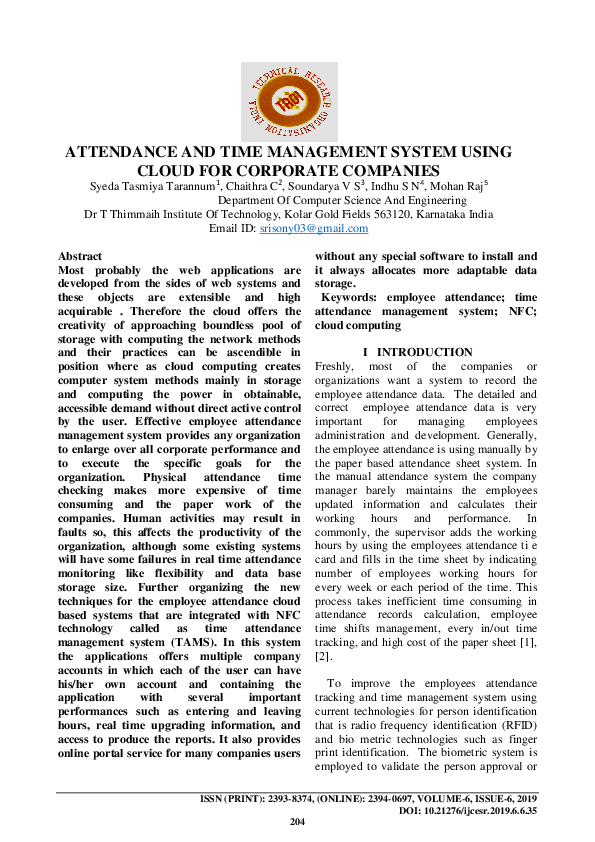 (PDF) Attendance and Time Management System Using Cloud for Corporate Companies