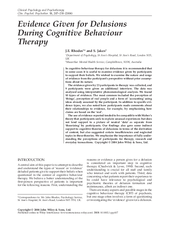 (PDF) Evidence given for delusions during cognitive behaviour therapy