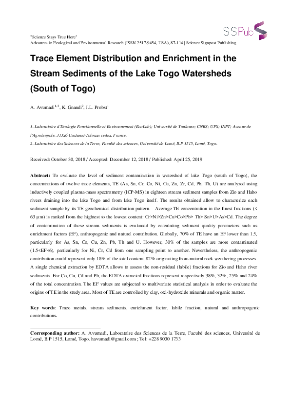 (PDF) Trace element distribution and enrichment in the stream sediments of the lake Togo ...