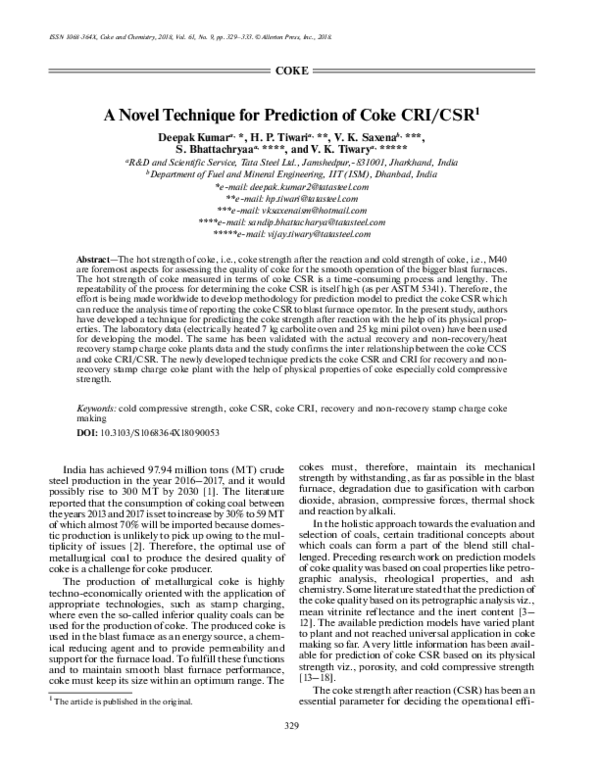 (PDF) A Novel Technique for Prediction of Coke CRI/CSR