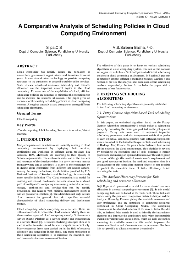 (PDF) A Comparative Analysis of Scheduling Policies in Cloud Computing Environment