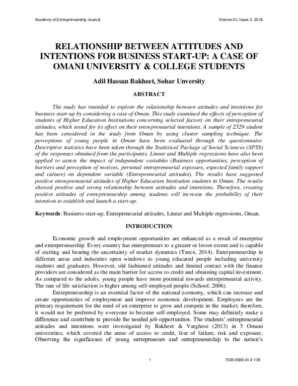 (PDF) Relationship between Attitudes and Intentions for Business Start-Up: A Case of Omani ...