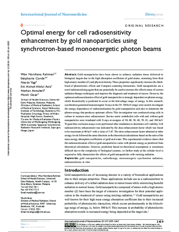 (PDF) Optimal energy for cell radiosensitivity enhancement by gold ...