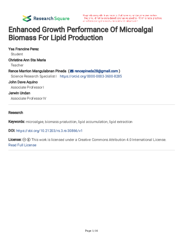 (PDF) Enhanced Growth Performance Of Microalgal Biomass For Lipid Production