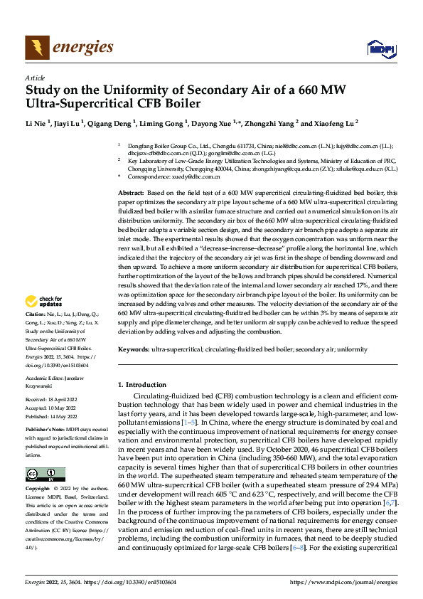 (PDF) Study on the Uniformity of Secondary Air of a 660 MW Ultra-Supercritical CFB Boiler