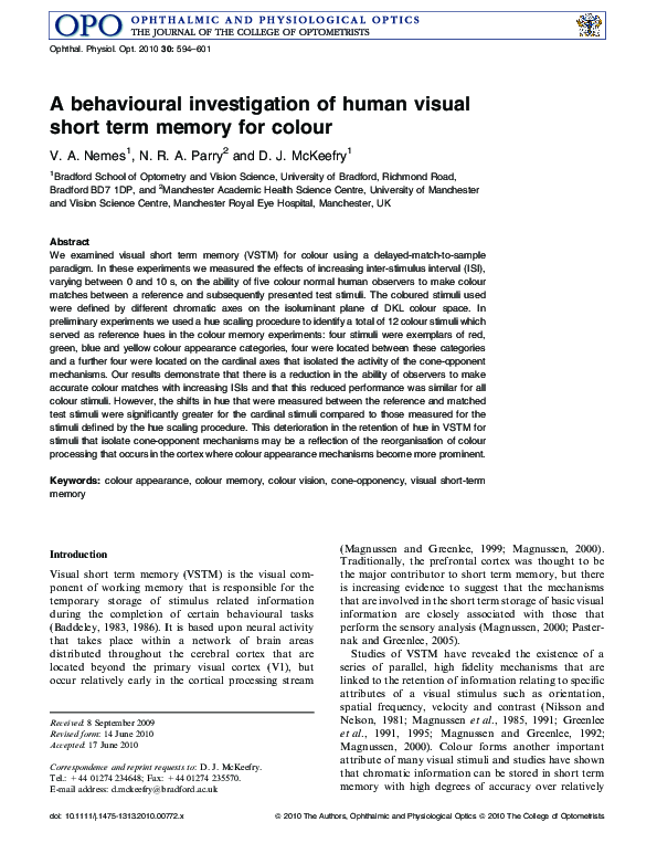 (PDF) A behavioural investigation of human visual short term memory for colour