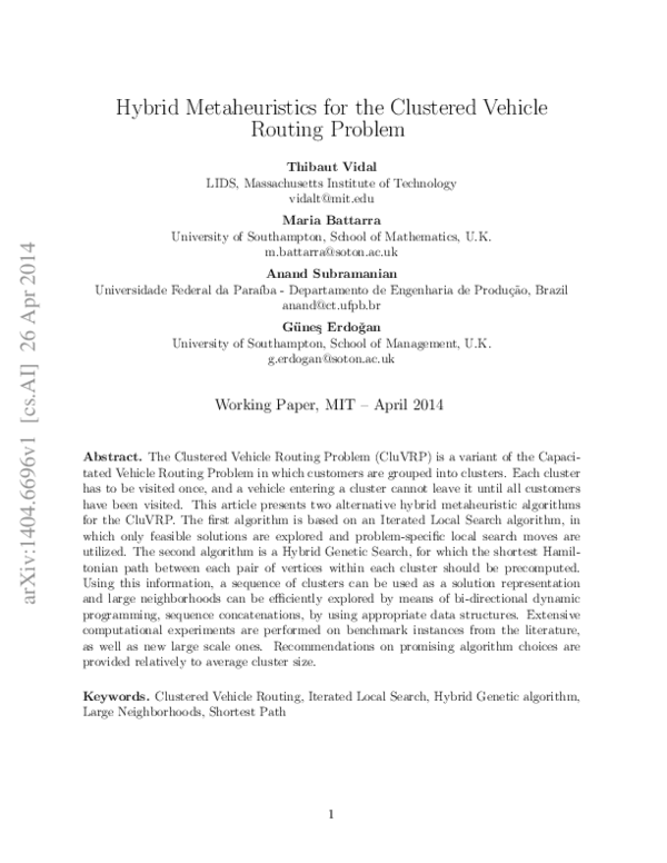 Pdf Hybrid Metaheuristics For The Clustered Vehicle Routing Problem Maria Battarra