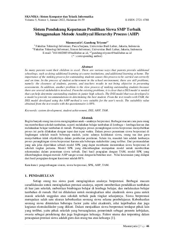 (PDF) Sistem Pendukung Keputusan Pemilihan Siswa SMP Terbaik Menggunakan Metode Ahp