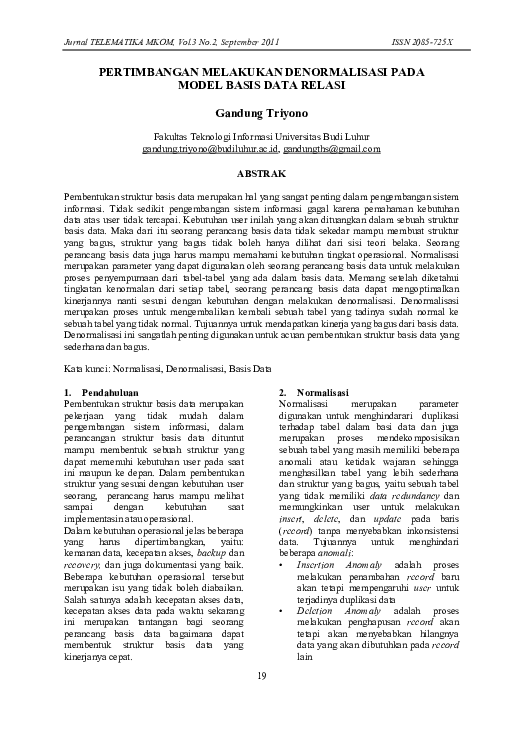 (PDF) Pertimbangan Melakukan Denormalisasi pada Model Basis Data Relasi