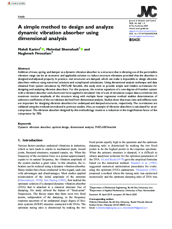 (PDF) A simple method to design and analyze dynamic vibration absorber using dimensional analysis