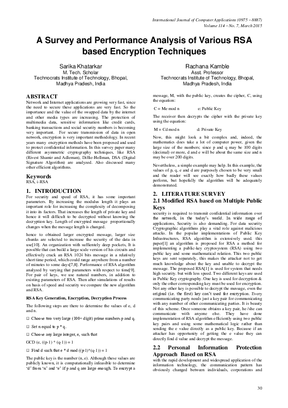 (PDF) A Survey and Performance Analysis of Various RSA based Encryption ...