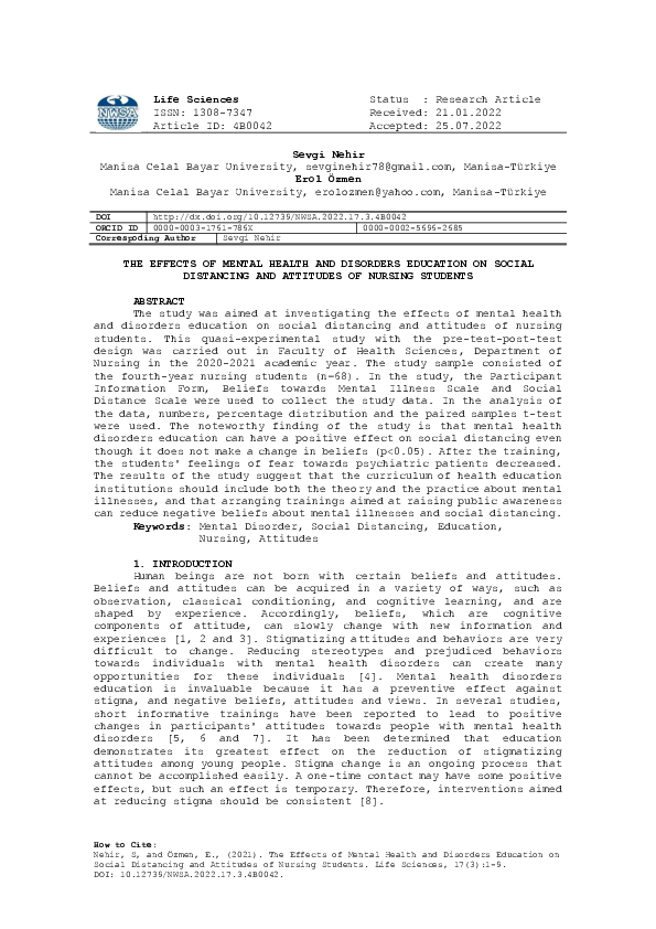 (PDF) The Effects of Mental Health and Disorders Education on Social ...