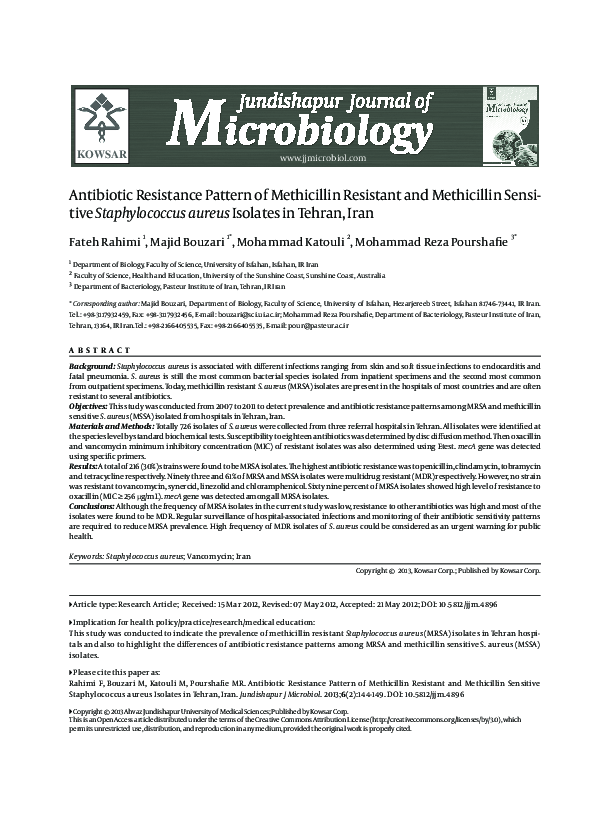 (PDF) Antibiotic resistance pattern of methicillin resistant staphylococcus aureus and ...