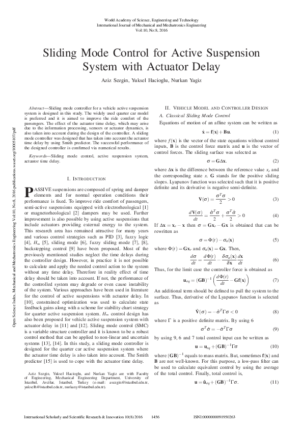 (PDF) Sliding Mode Control For Active Suspension System With Actuator Delay