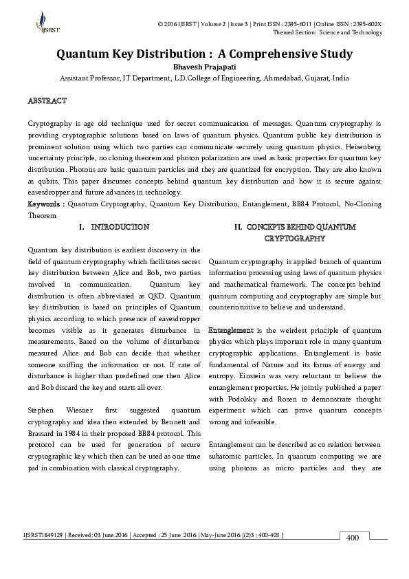 (PDF) Quantum Key Distribution : A Comprehensive Study