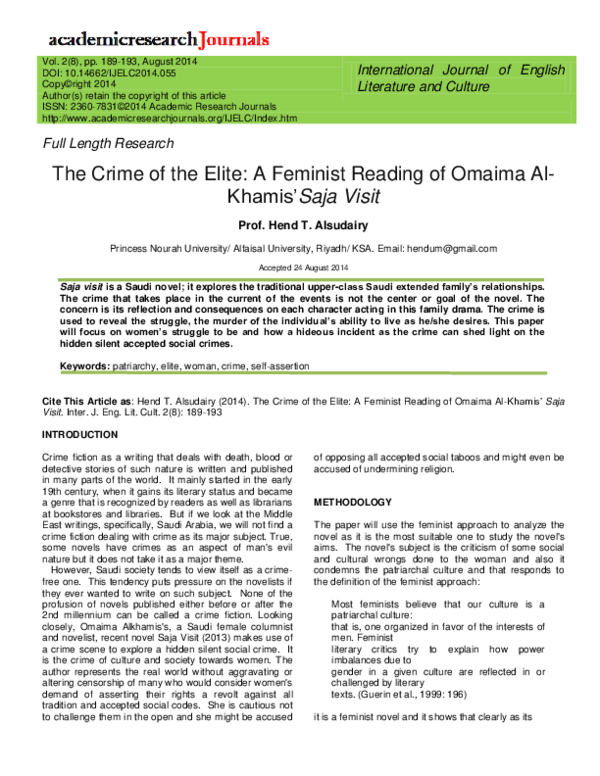 (PDF) The Crime of the Elite: A Feminist Reading of Omaima Al- Khamis'Saja Visit