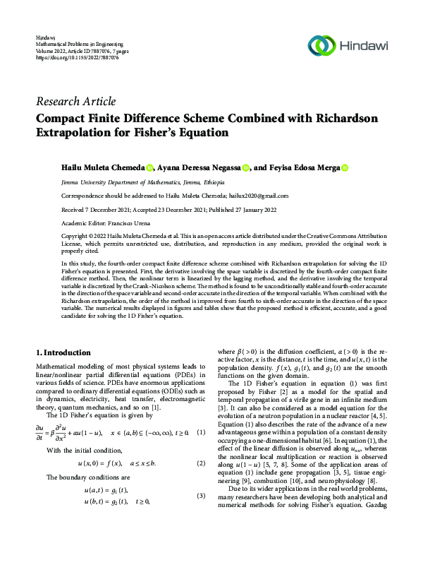 (PDF) Compact Finite Difference Scheme Combined with Richardson Extrapolation for Fisher’s ...