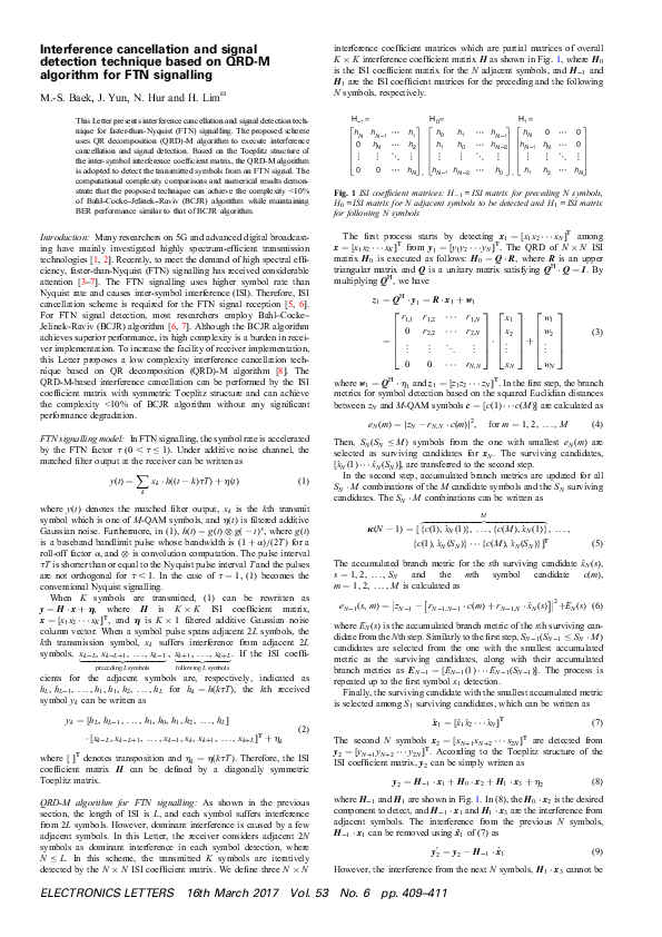(PDF) Interference cancellation and signal detection technique based on QRD‐M algorithm for FTN ...
