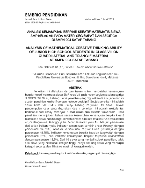(PDF) Analisis Kemampuan Berpikir Kreatif Matematis Siswa SMP Kelas VIII pada Materi Segiempat ...