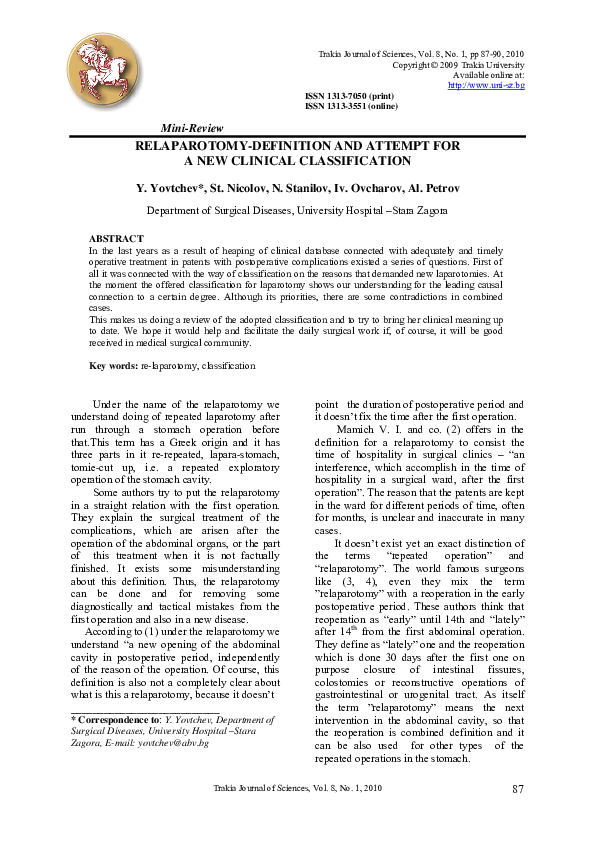 (PDF) Relaparotomy-Definition and Attempt for a New Clinical Classification