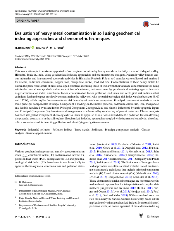 (PDF) Evaluation of heavy metal contamination in soil using geochemical indexing approaches and ...