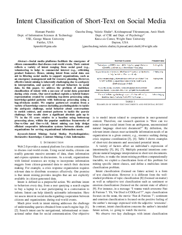 (PDF) Intent Classification of Short-Text on Social Media
