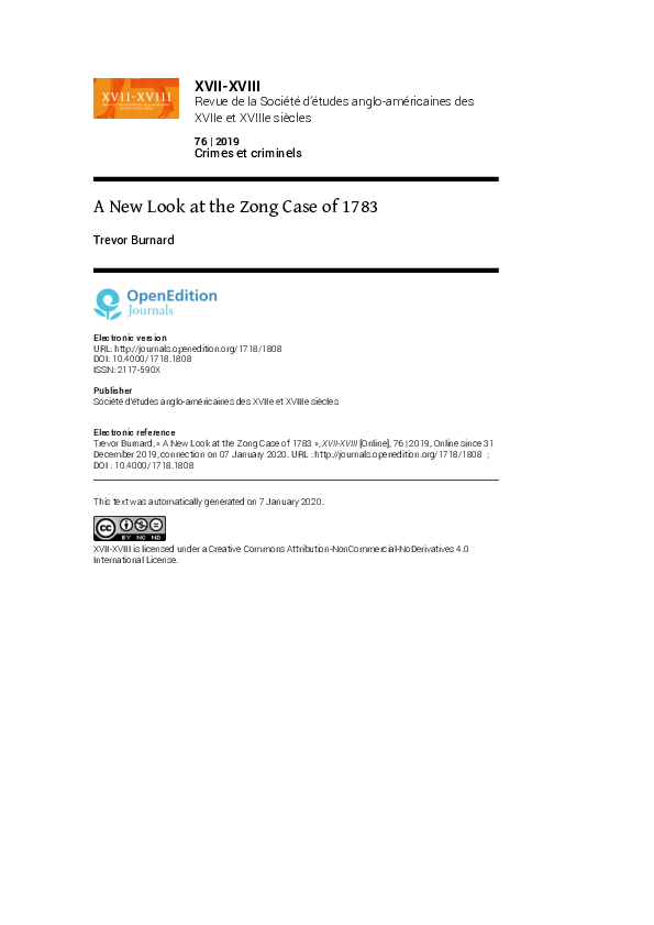 (PDF) A New Look at the Zong Case of 1783