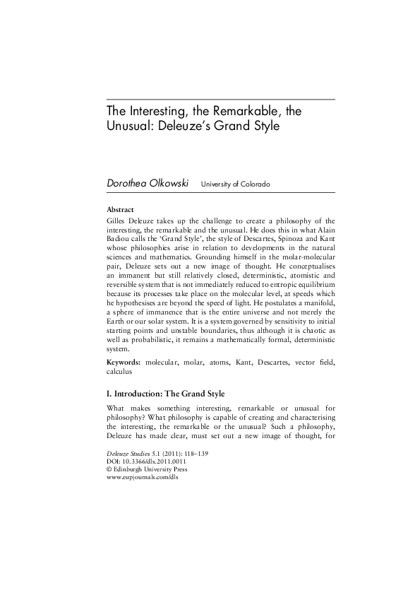 (PDF) The Interesting, the Remarkable, the Unusual: Deleuze's Grand Style