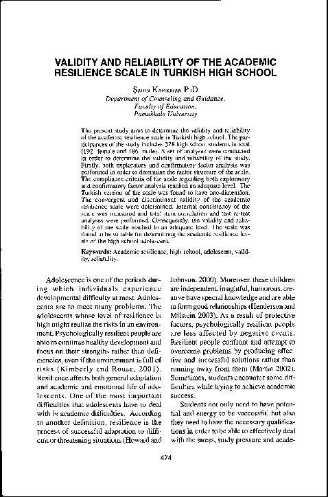 (PDF) Validity and Reliability of the Academic Resilience Scale in Turkish High School