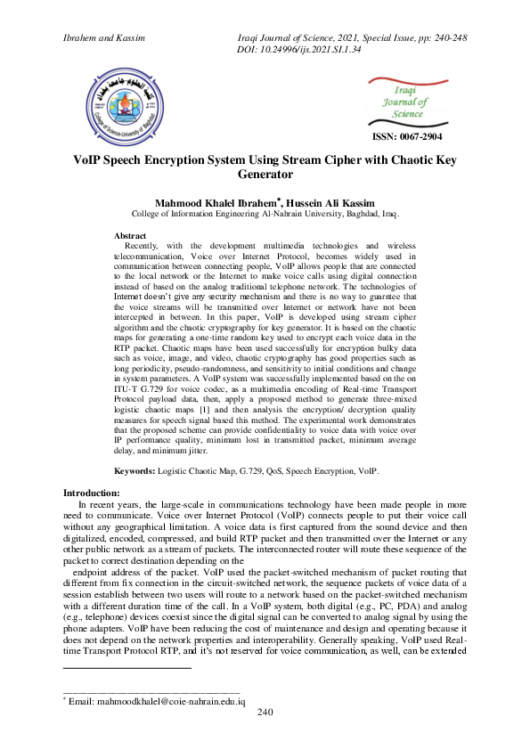 (PDF) VoIP Speech Encryption System Using Stream Cipher with Chaotic ...