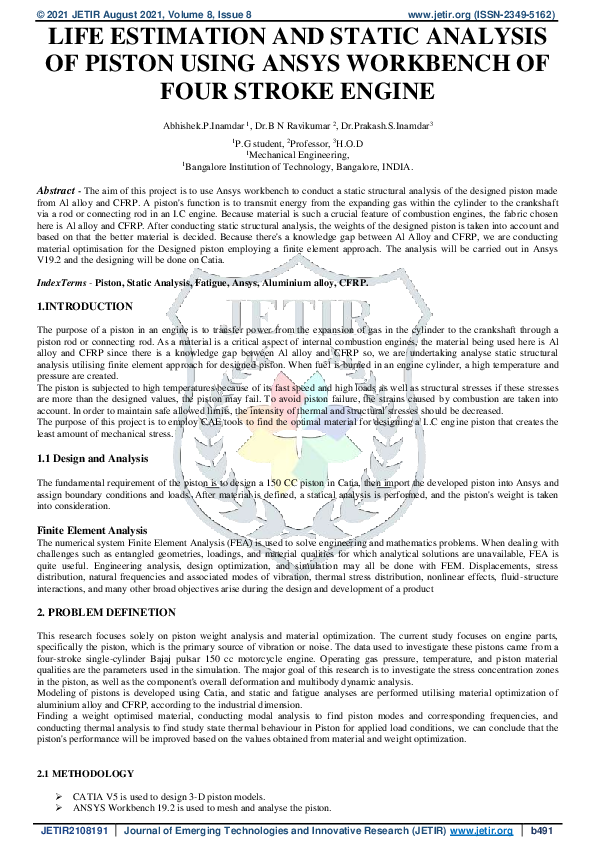 (PDF) Life Estimation and Static Analysis of Piston Using Ansys Workbench of Four Stroke Engine