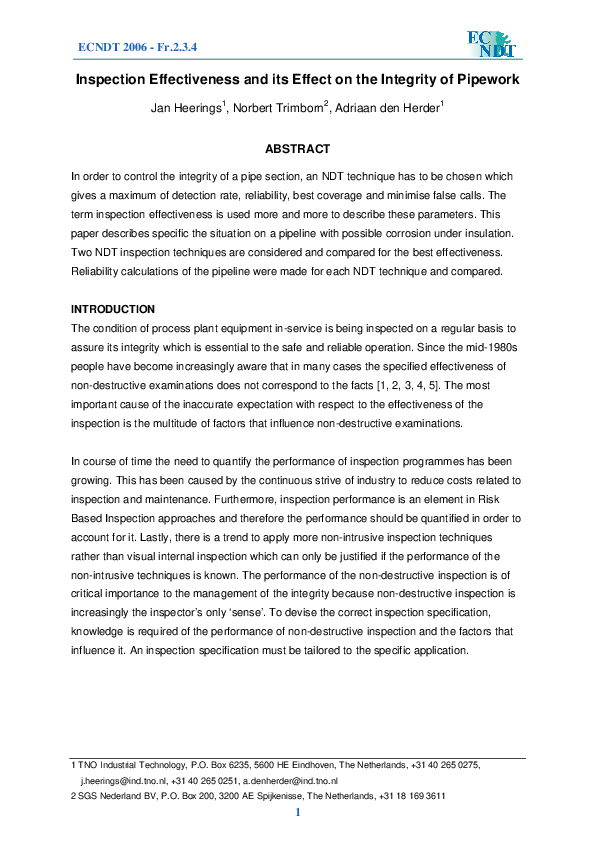 (PDF) Inspection Effectiveness and its Effect on the Integrity of Pipework