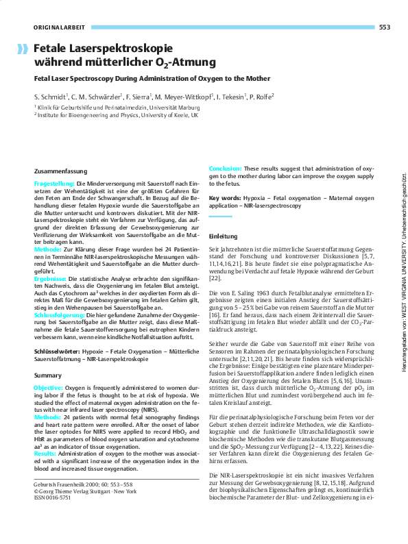 (PDF) Fetale Laserspektroskopie während mütterlicher O2-Atmung - Fetal ...