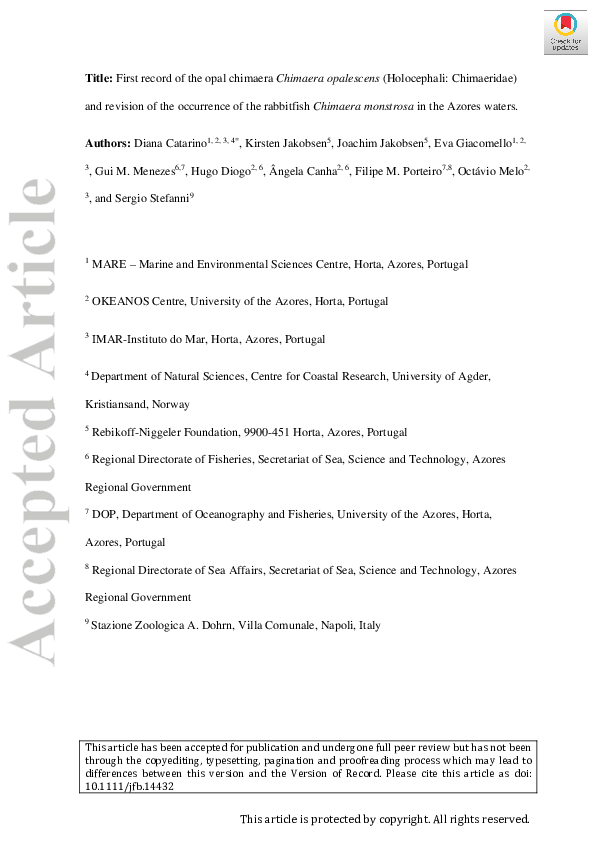 (PDF) First record of the opal chimaera, Chimaera opalescens ...