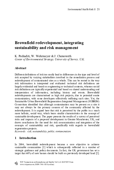 (PDF) Brownfield redevelopment, integrating sustainability and risk management | Walter ...