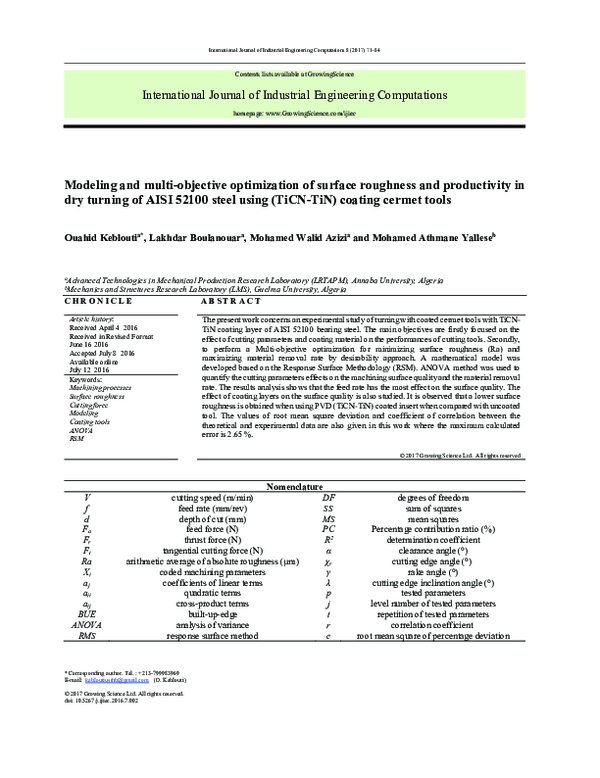 (PDF) Modeling and multi-objective optimization of surface roughness and productivity in dry ...