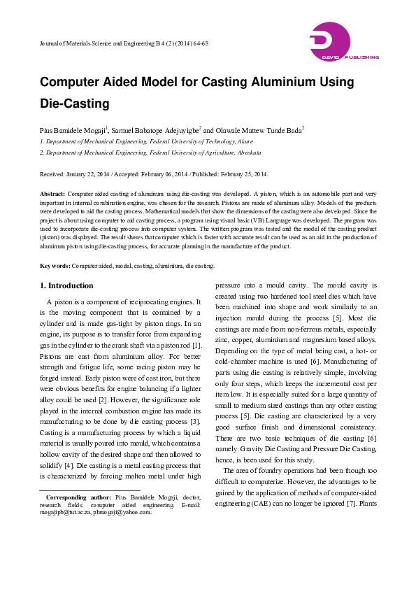 (PDF) Computer Aided Model for Casting Aluminium Using Die-Casting