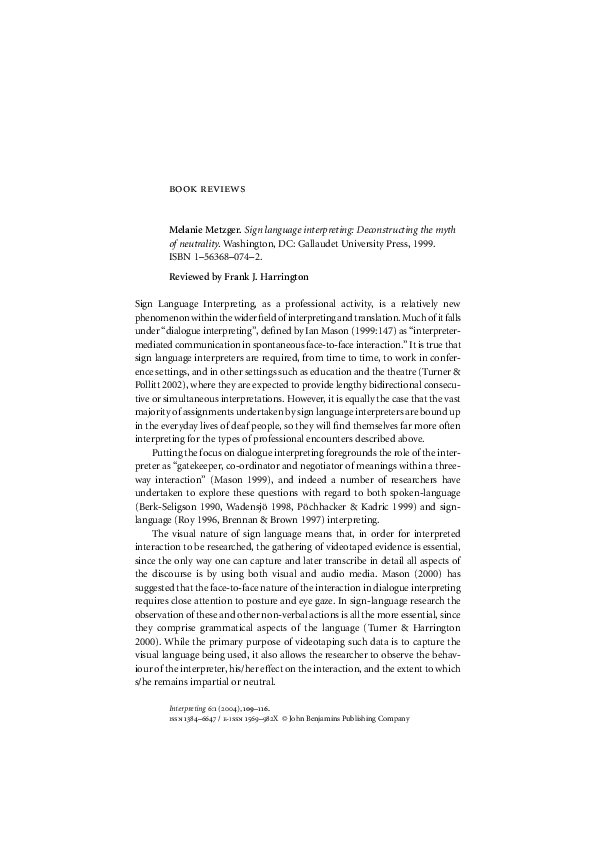 (PDF) M. Metzger: Sign language interpreting: Deconstructing the myth ...