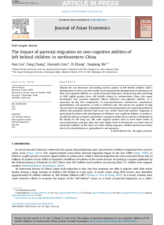 (PDF) The impact of parental migration on non-cognitive abilities of ...