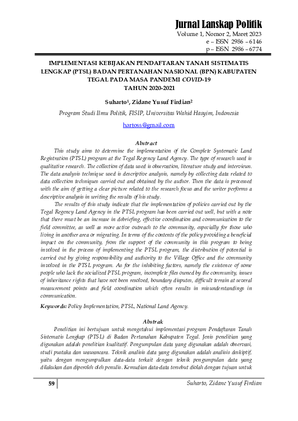 (PDF) Implementasi Kebijakan Pendaftaran Tanah Sistematis Lengkap (PTSL) Badan Pertanahan ...