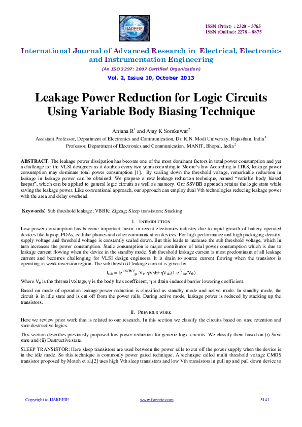 Pdf Leakage Power Reduction For Logic Circuitsusing Variable Body Biasing Technique