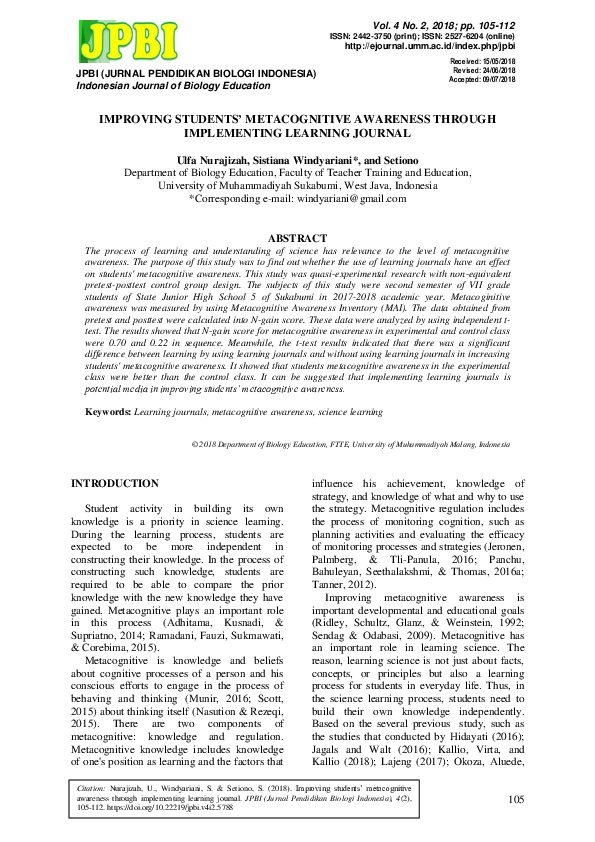 (PDF) Improving students’ metacognitive awareness through implementing learning journal